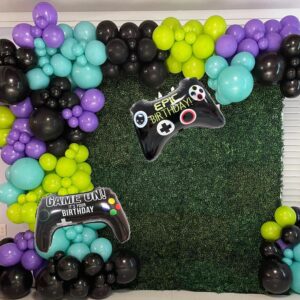 D-BUPU Video Game Balloon Garland Kit for Birthday,Tiffany Blue Black Purple Green Balloons with Game Foil Balloons Arch for Game Party Supplies Gamer Decorations