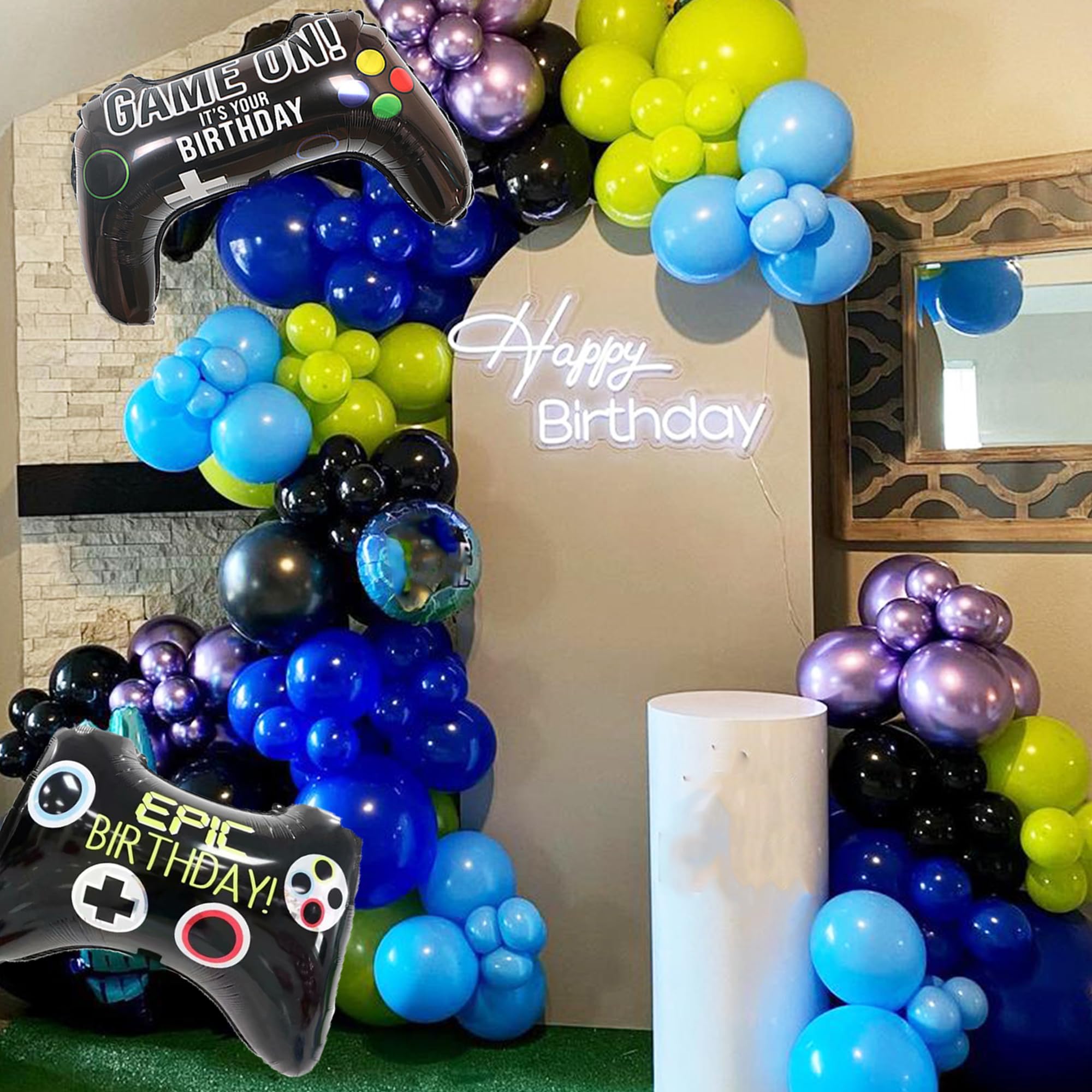 D-BUPU Video Game Balloon Garland Kit for Birthday,Tiffany Blue Black Purple Green Balloons with Game Foil Balloons Arch for Game Party Supplies Gamer Decorations