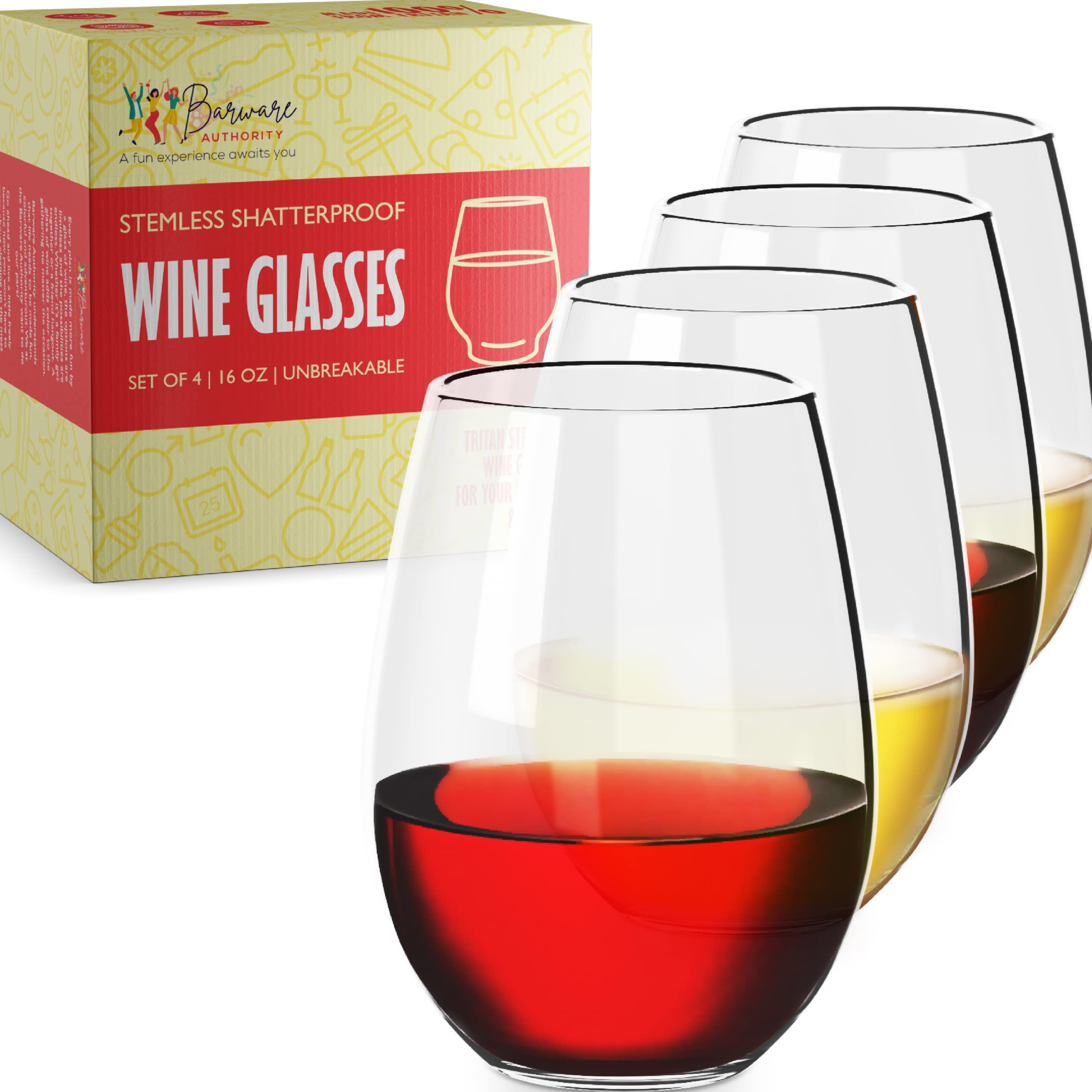 Barware 4 PCs Stemless Plastic Wine Glasses - Reusable Dishwasher Safe BPA-Free - 16oz Outdoor Clear Tritan Shatterproof Drinking Glasses for Cocktails, Whiskey - Travel Cups For Halloween party