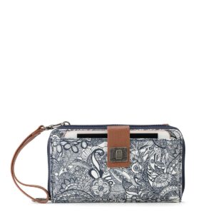 sakroots artist circle smartphone crossbody in coated canvas, detachable wristlet strap, navy spirit desert ii