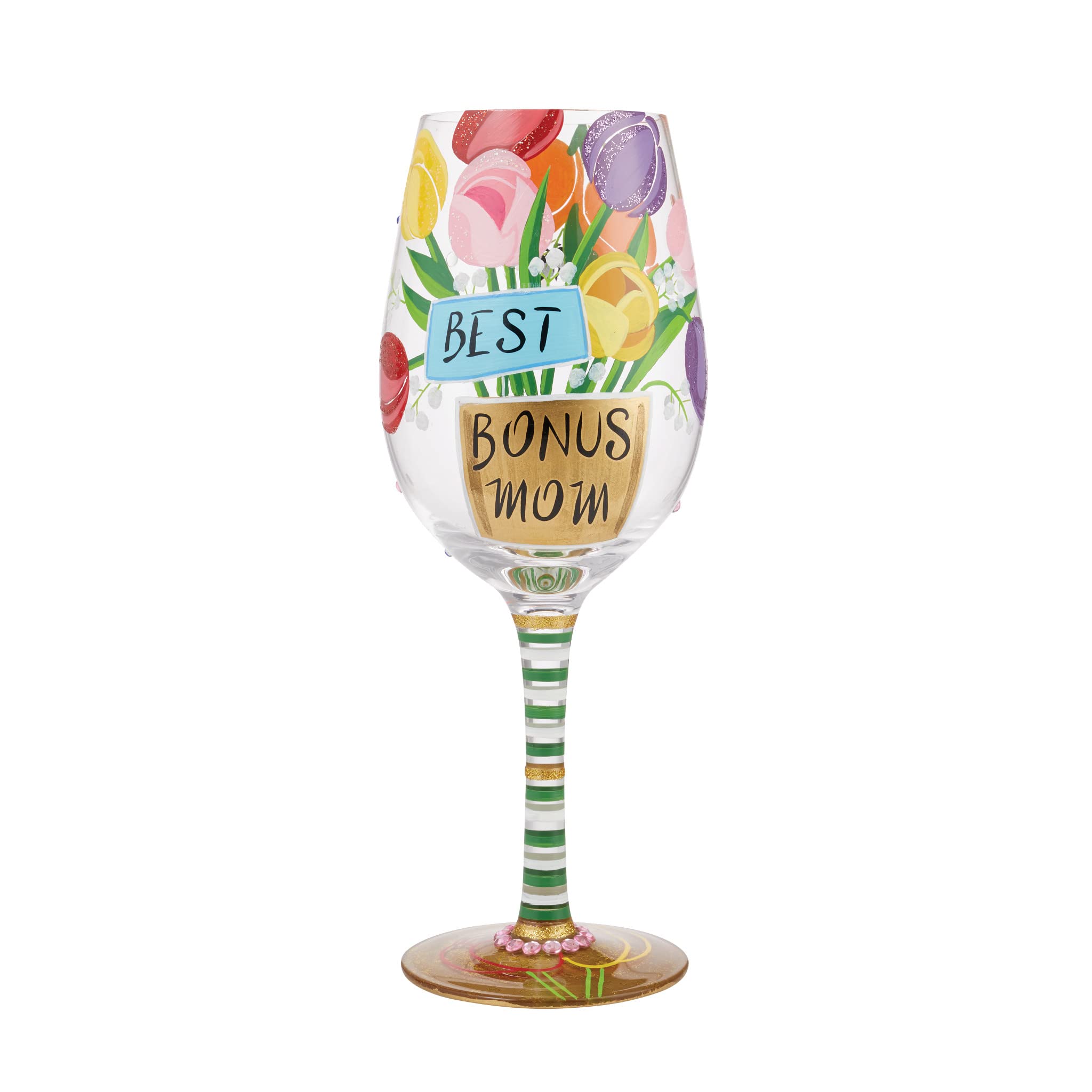 Enesco Designs by Lolita Best Bonus Mom Hand-Painted Artisan Wine Glass, 15 Ounce, Multicolor