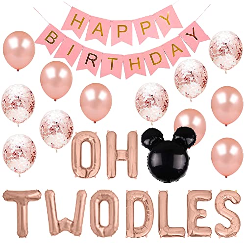 Oh Twodles Birthday Balloons, Oh Twodles Balloon Birthday Banner Mickey Mouse Party Supplies Number 2 Balloon for 2nd Second Boy Michkey Mouse Birthday Party Decoration 12PCS Kit of Geloar (Rose Gold)