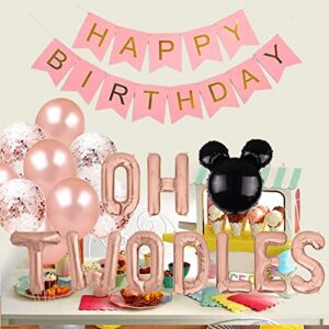 Oh Twodles Birthday Balloons, Oh Twodles Balloon Birthday Banner Mickey Mouse Party Supplies Number 2 Balloon for 2nd Second Boy Michkey Mouse Birthday Party Decoration 12PCS Kit of Geloar (Rose Gold)