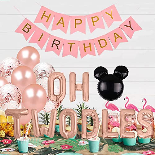 Oh Twodles Birthday Balloons, Oh Twodles Balloon Birthday Banner Mickey Mouse Party Supplies Number 2 Balloon for 2nd Second Boy Michkey Mouse Birthday Party Decoration 12PCS Kit of Geloar (Rose Gold)