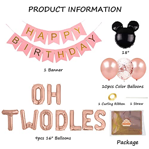 Oh Twodles Birthday Balloons, Oh Twodles Balloon Birthday Banner Mickey Mouse Party Supplies Number 2 Balloon for 2nd Second Boy Michkey Mouse Birthday Party Decoration 12PCS Kit of Geloar (Rose Gold)