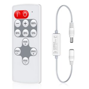 hitlights mini rf remote controller for single color led strip lights, dc 5-24v, 12-key wireless dimmer with dynamic effect mode, pwm dimming control, ideal for room, home, cabinet, diy