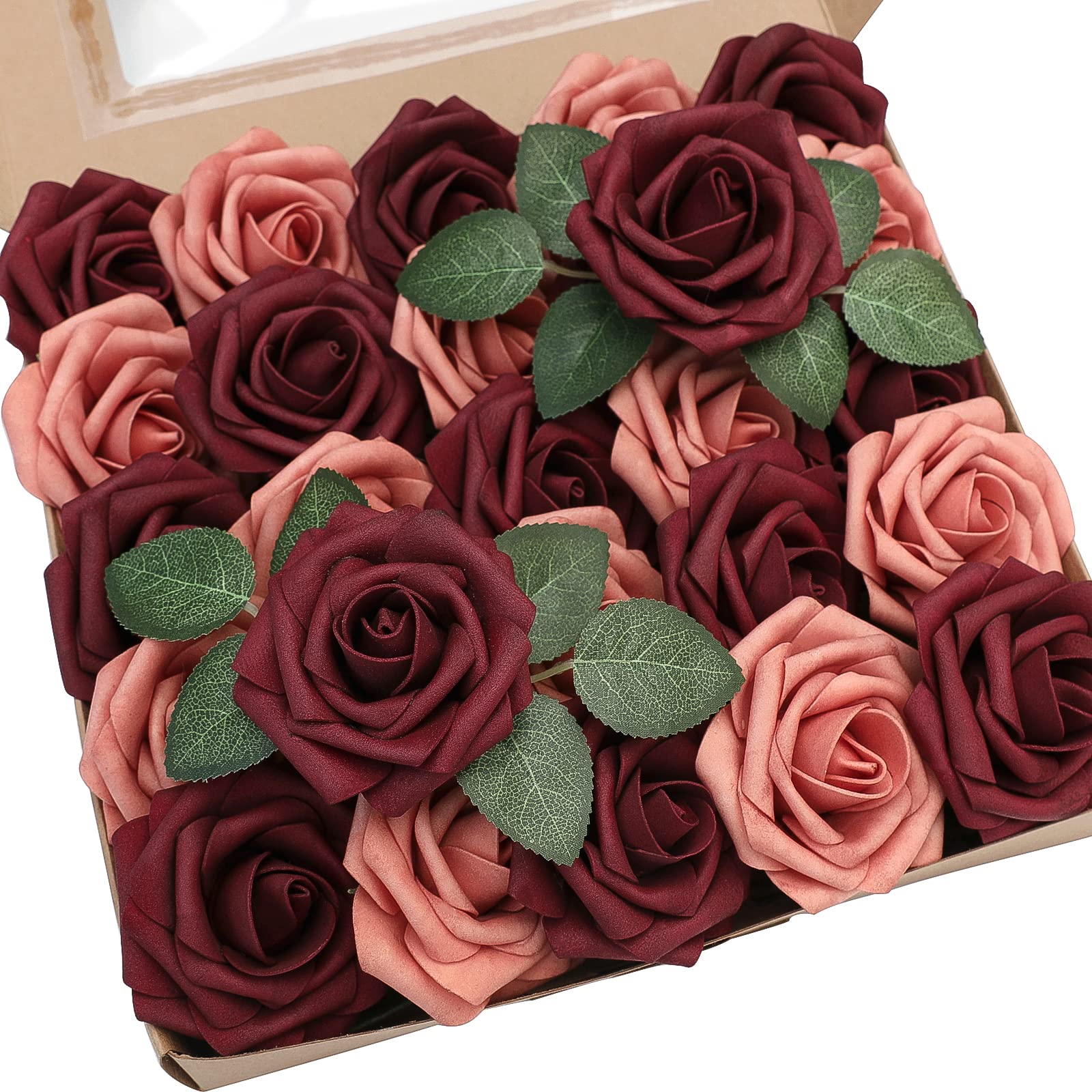 Floroom Artificial Flowers 25pcs Real Looking Burgundy & Pinky Cedar Foam Fake Roses with Stems for DIY Wedding Bouquets Bridal Shower Centerpieces Floral Arrangements Party Tables Home Decorations