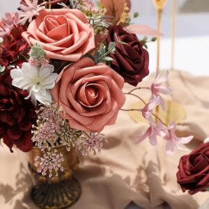 Floroom Artificial Flowers 25pcs Real Looking Burgundy & Pinky Cedar Foam Fake Roses with Stems for DIY Wedding Bouquets Bridal Shower Centerpieces Floral Arrangements Party Tables Home Decorations