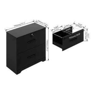 2 Drawer File Cabinet with Lock, Wooden Lateral Storage Home Office Filing Cabinet with Anti-tilt Mechanism with 8 Hanging Bars for Letter/Legal Size (Black)