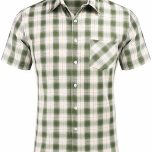 COOFANDY Men's Short Sleeve Plaid Dress Shirt Classic Fit Wrinkle-Free Casual Button Down Checked Shirts with Pocket Green, Large