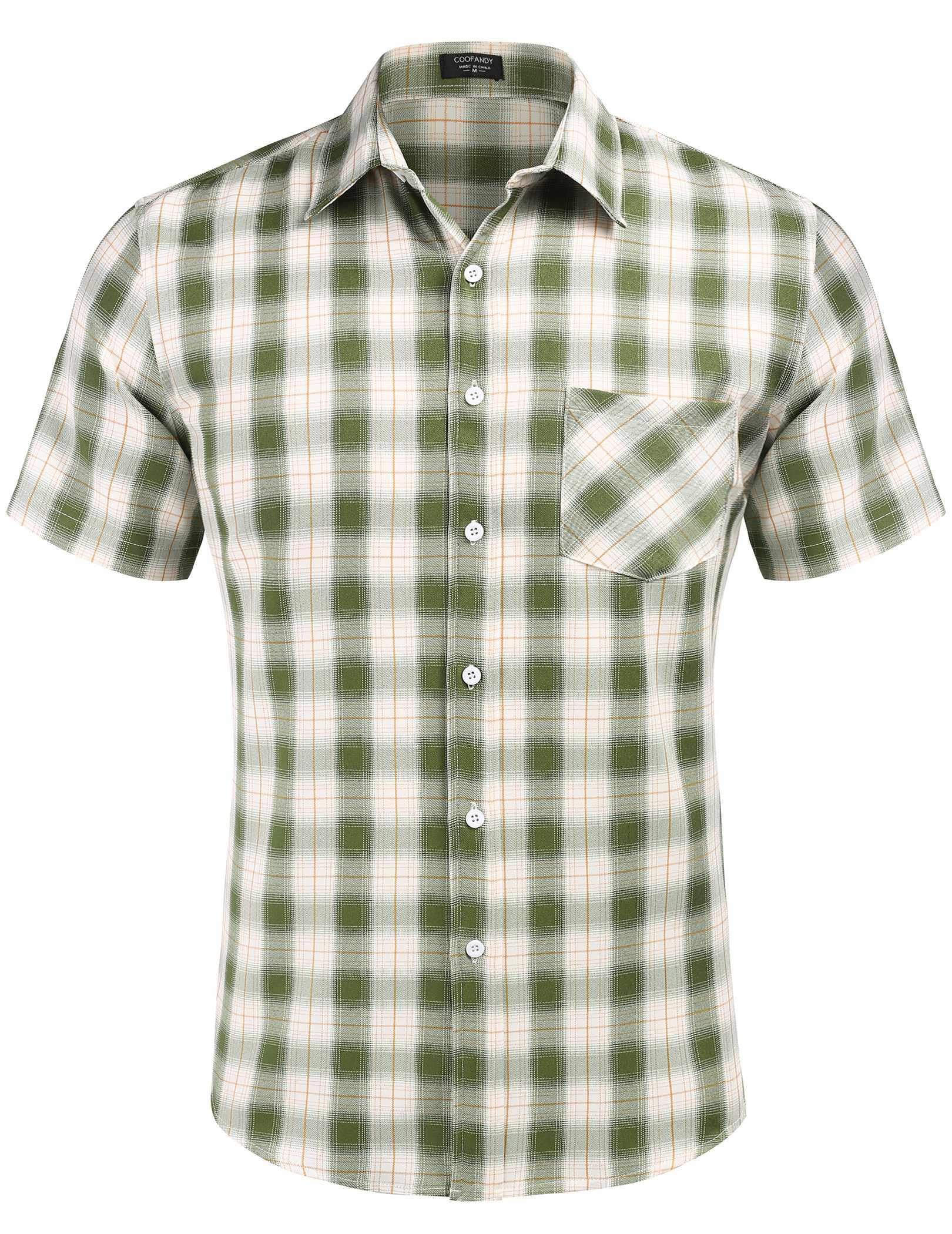 COOFANDY Men's Short Sleeve Plaid Dress Shirt Classic Fit Wrinkle-Free Casual Button Down Checked Shirts with Pocket Green, Large