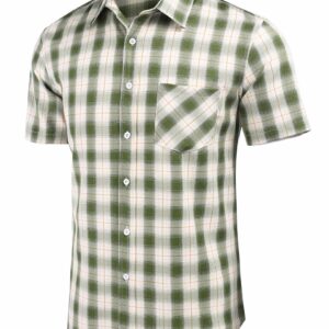 COOFANDY Men's Short Sleeve Plaid Dress Shirt Classic Fit Wrinkle-Free Casual Button Down Checked Shirts with Pocket Green, Large