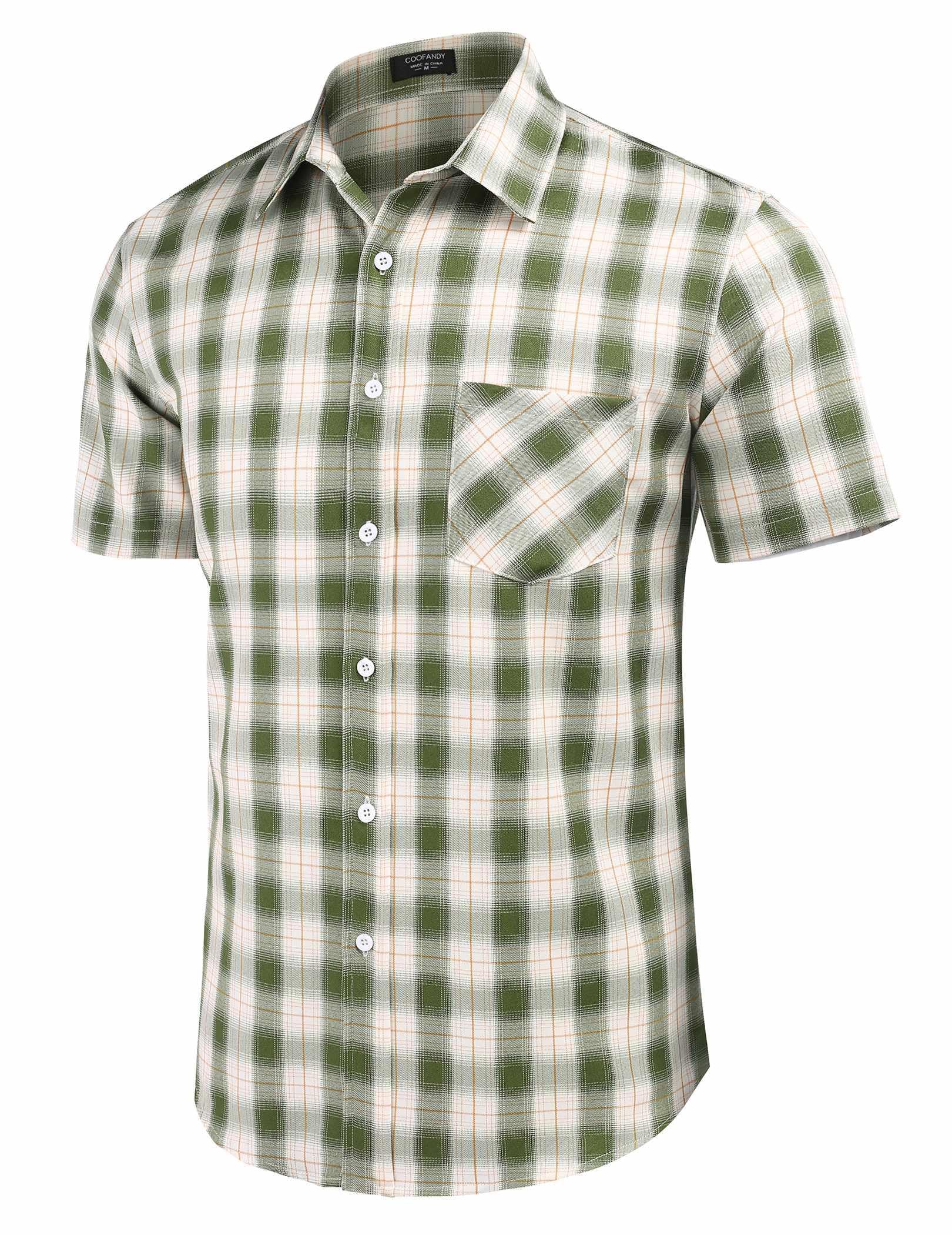 COOFANDY Men's Short Sleeve Plaid Dress Shirt Classic Fit Wrinkle-Free Casual Button Down Checked Shirts with Pocket Green, Large