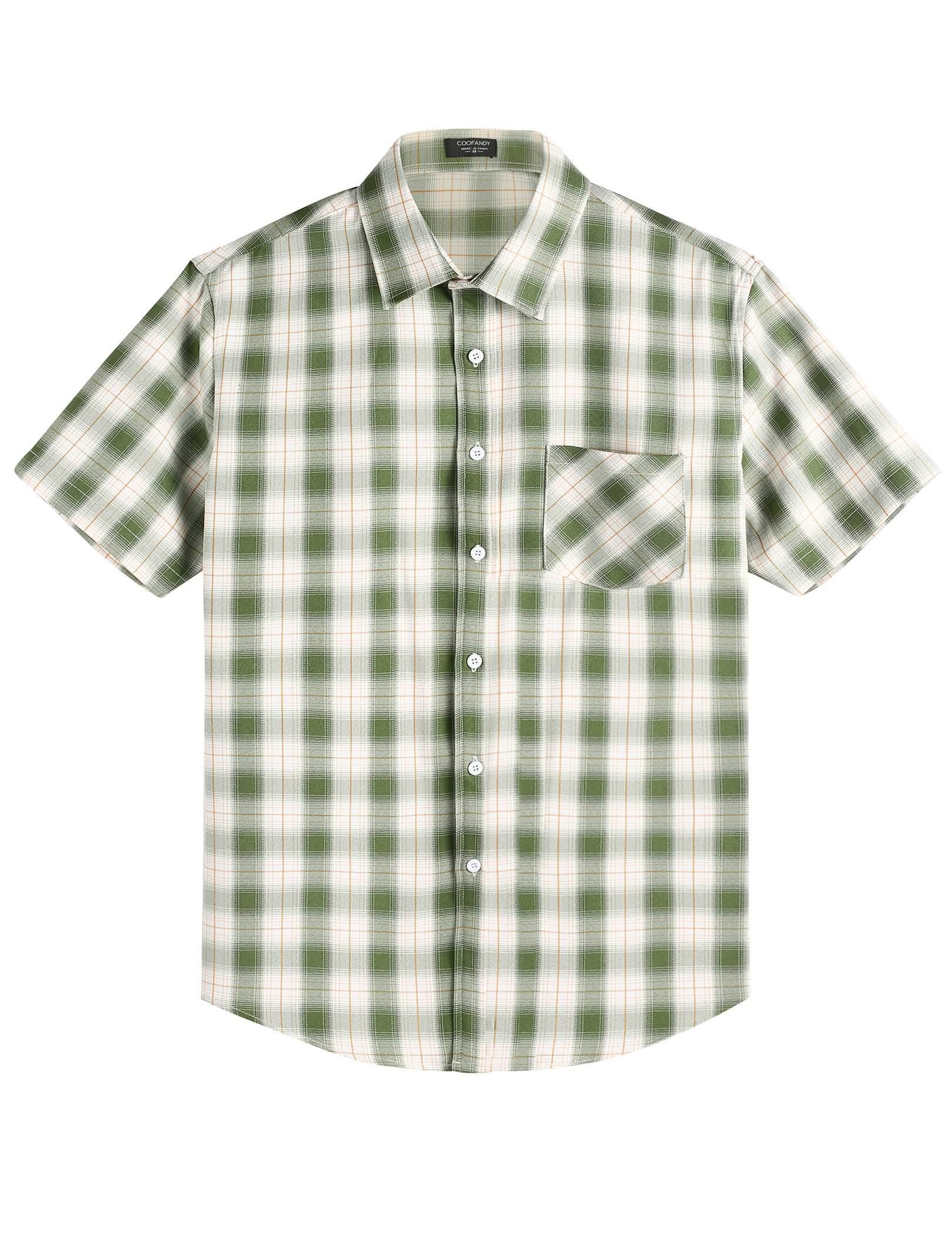 COOFANDY Men's Short Sleeve Plaid Dress Shirt Classic Fit Wrinkle-Free Casual Button Down Checked Shirts with Pocket Green, Large