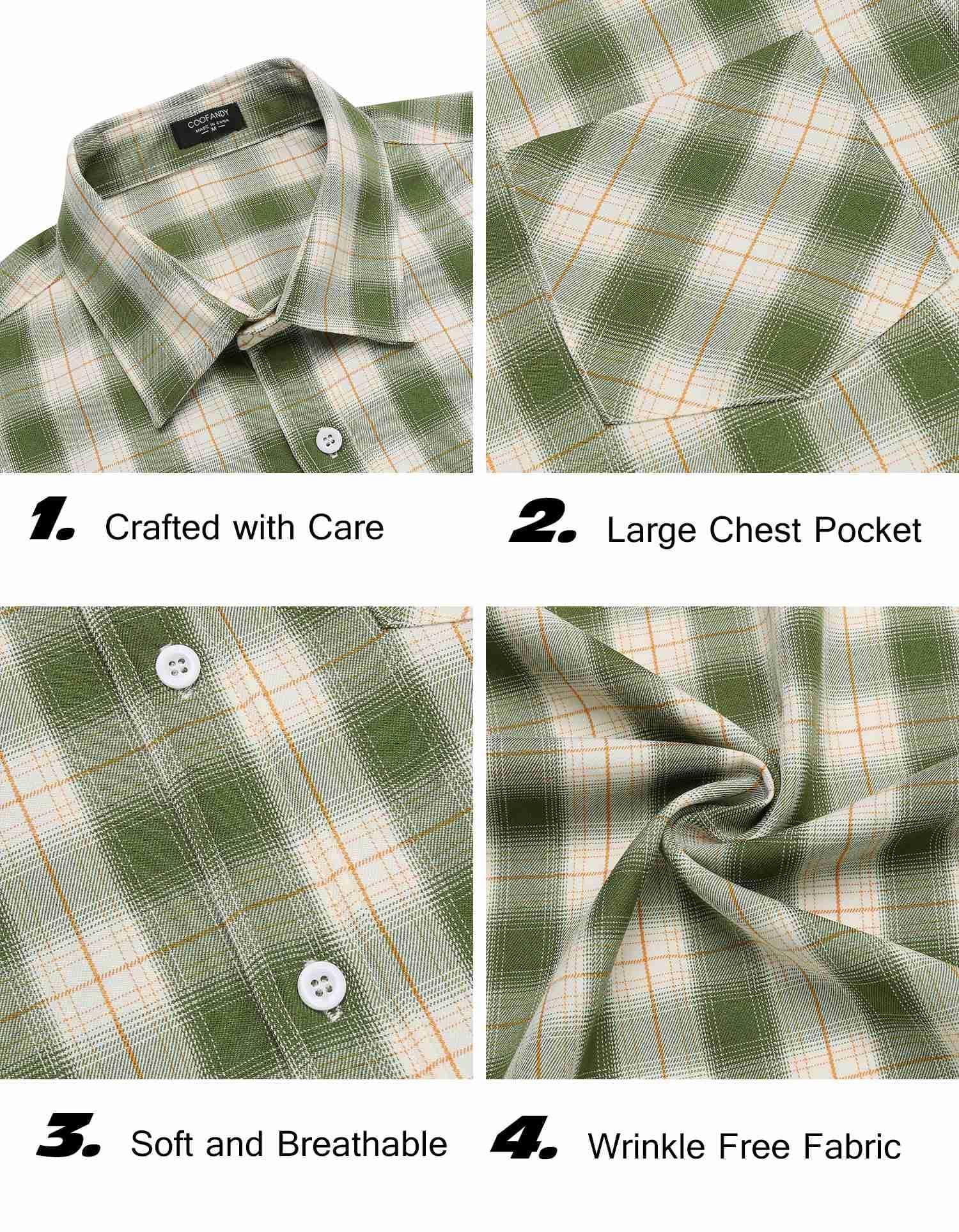 COOFANDY Men's Short Sleeve Plaid Dress Shirt Classic Fit Wrinkle-Free Casual Button Down Checked Shirts with Pocket Green, Large