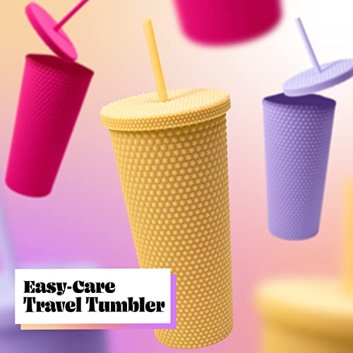 Matte Studded Tumbler with Lid & Straw, Reusable BPA Free Plastic Water Bottle, Travel Friendly Water/Iced Coffee/Cold Brew/Smoothie Textured Cold Cup, 24oz (Fuchsia)