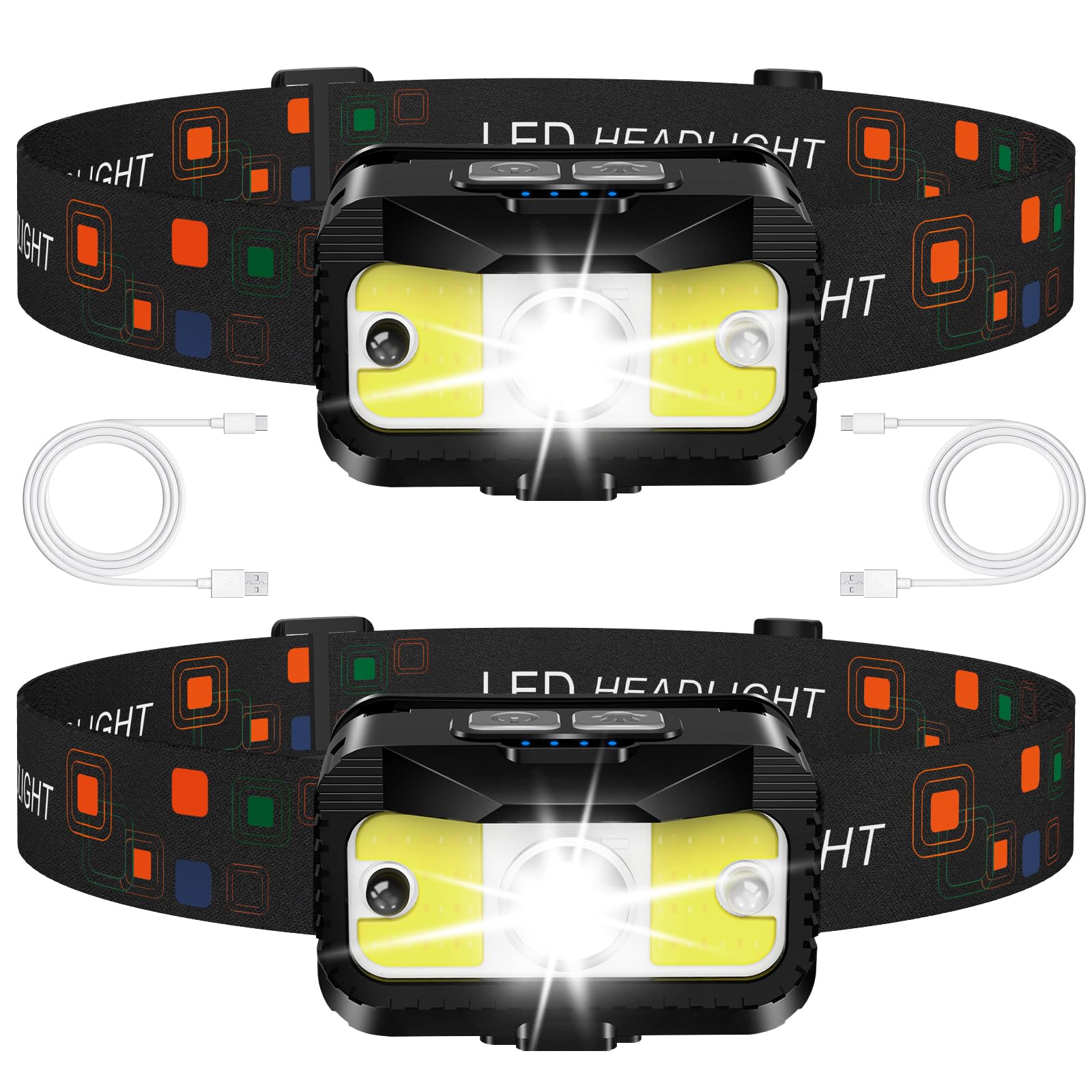 MIOISY Headlamp Rechargeable,1200 Lumen Ultra Bright LED Head Lamp Flashlight with White Red Light, 2 Pack Motion Sensor Waterproof Headlight, 8 Modes Lights for Outdoor Camping Fishing Running