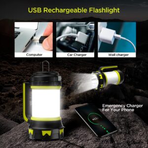 Bochaos Rechargeable Flashlights Camping Lantern,6 Modes LED Bright Flashlight 3000mAh Power Bank, IPX4 Waterproof, Emergency Flashlight Lantern for Outdoor， Hurricane, USB Cable Included-1 Flashlight