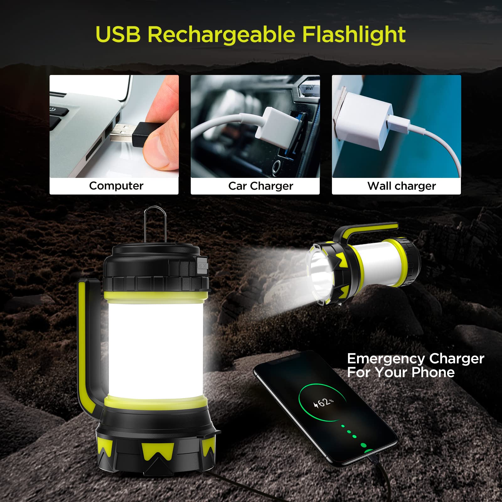 Bochaos Rechargeable Flashlights Camping Lantern,6 Modes LED Bright Flashlight 3000mAh Power Bank, IPX4 Waterproof, Emergency Flashlight Lantern for Outdoor， Hurricane, USB Cable Included-1 Flashlight