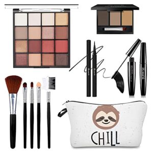 all in one makeup kit for girls - 16 colors naked eyeshadow palette, 5pcs makeup brushes, waterproof eyeliner pencil, eyebrow powder, mascara, sloth cosmetic bag, women and teens makeup gift set