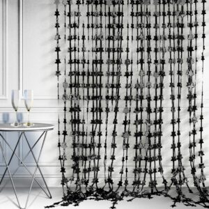 PartyWoo Black Star Foil Curtain Backdrop 2 pcs, 6.6x3.3 ft Black Streamers, Metallic Tinsel Fringe Curtains, Fringe Backdrop, Door Shimmer, Party Streamers Backdrop for Birthday Decorations