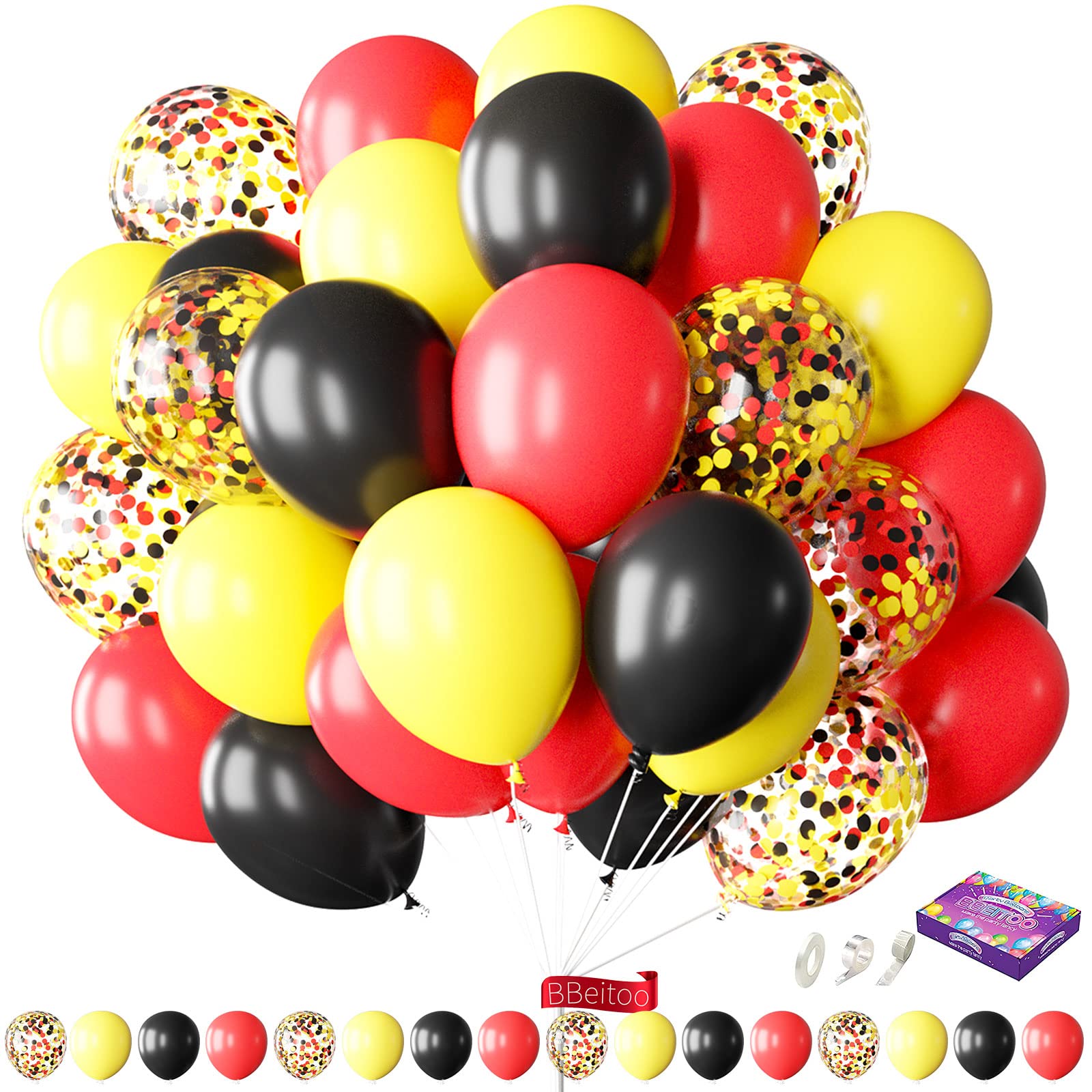 BBeitoo Red Black Yellow Confetti Balloons 85Pcs Cartoon Balloons Garland Kit Party Balloons Decoration Easy Use Suitable for Themed Parties, Kids Birthdays, Baby Showers, Holiday Parties