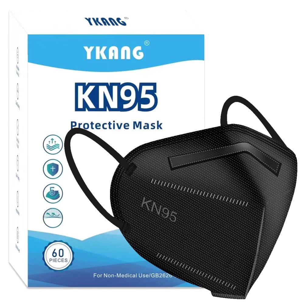 YKANG KN95 Face Masks Black,5 Layers Cup Dust Mask, Individually Wrapped, Filter Efficiency ≥95%, Breathable, Home and Outdoor Wearing (Black-60)