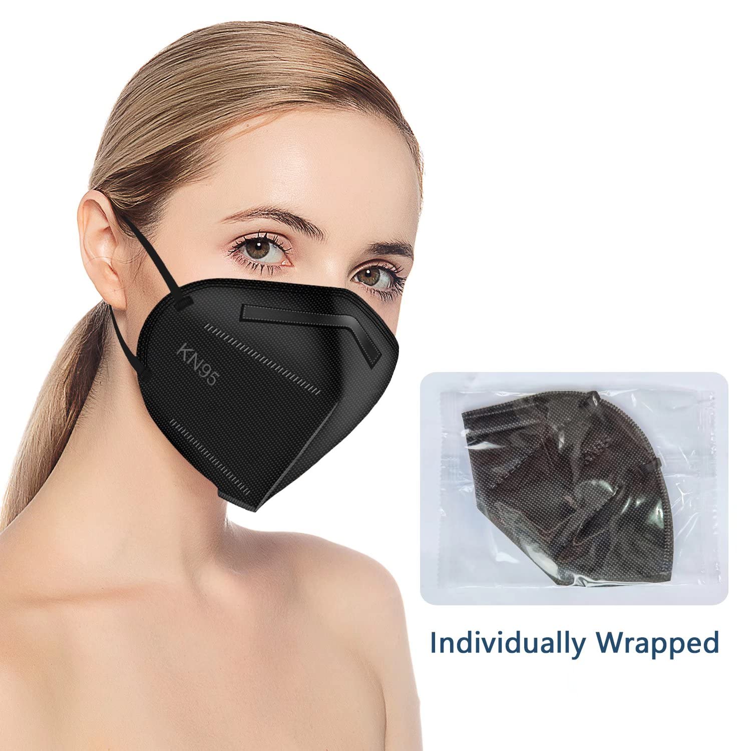 YKANG KN95 Face Masks Black,5 Layers Cup Dust Mask, Individually Wrapped, Filter Efficiency ≥95%, Breathable, Home and Outdoor Wearing (Black-60)