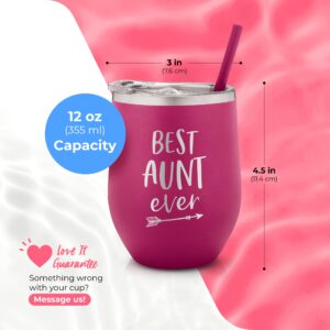 Best Aunt Ever Stainless Steel Personalized Wine Tumbler - Insulated Cup with Cute Design - Slide Close Lid with Straw - For Pregnancy Announcements, Valentine's Day, Best Aunt Ever Gifts