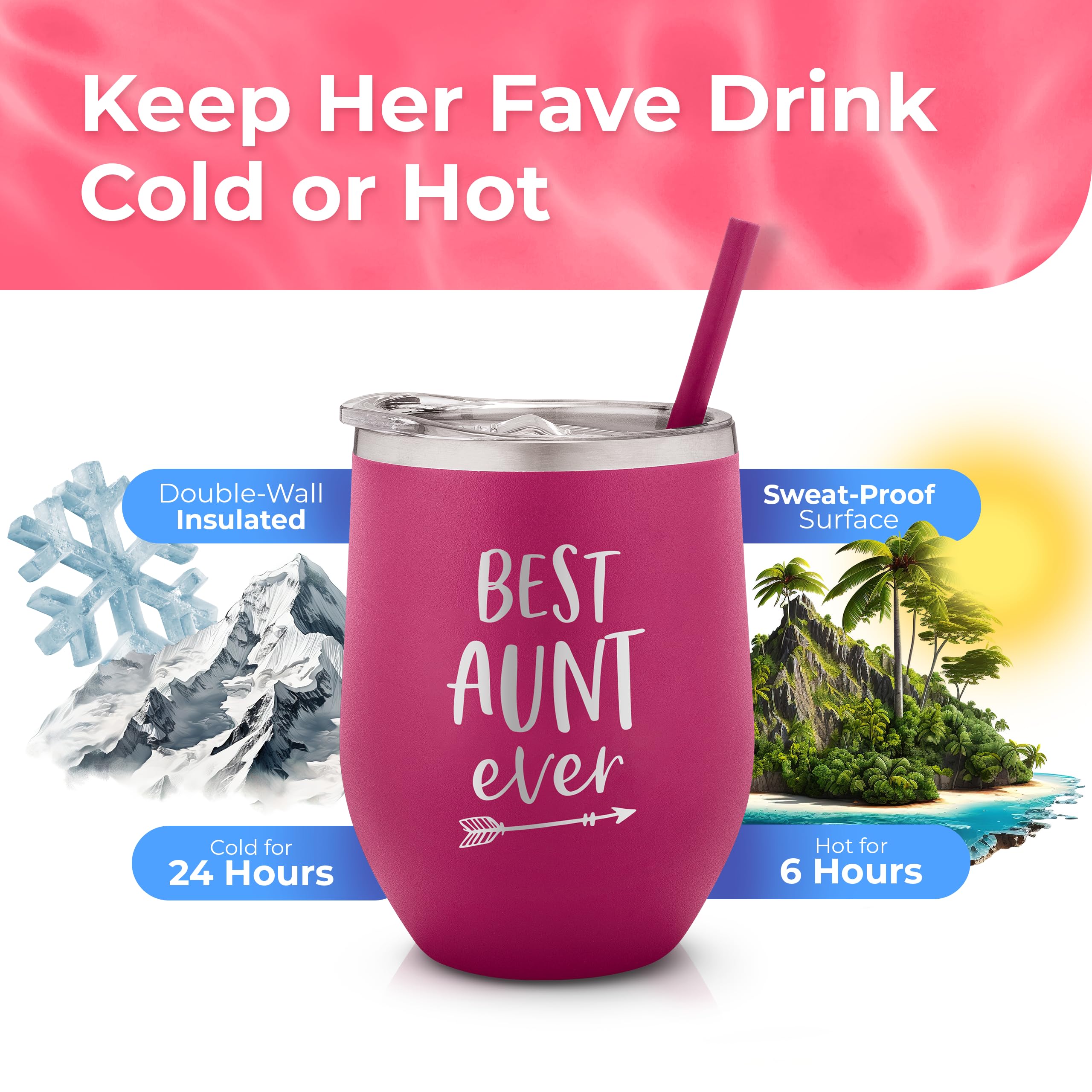 Best Aunt Ever Stainless Steel Personalized Wine Tumbler - Insulated Cup with Cute Design - Slide Close Lid with Straw - For Pregnancy Announcements, Valentine's Day, Best Aunt Ever Gifts