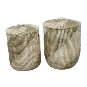 Deco 79 Seagrass Handmade Two Toned Storage Basket with Matching Lids, Set of 2 24", 22"H, Brown