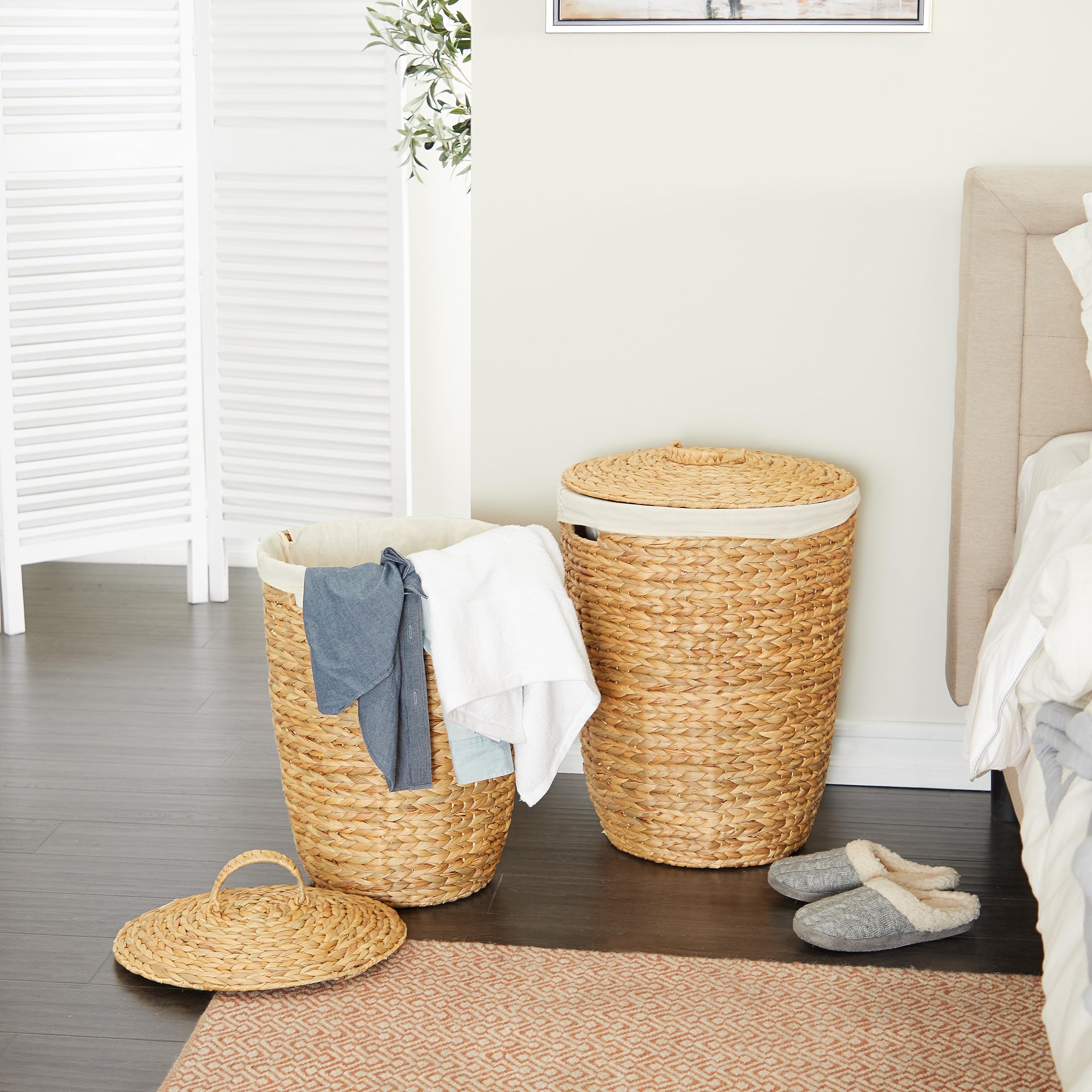 CosmoLiving by Cosmopolitan Seagrass Handmade Storage Basket with Liner and Matching Tops, Set of 2 23", 25"H, Light Brown