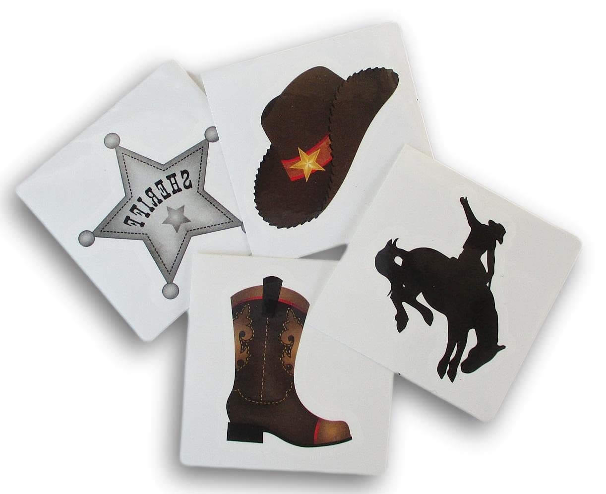 Party Supply Western Cowboy Party Favors - Temporary Tattoos - Hat, Boot, Sheriff Badge, Bucking Bronco - 24 Cute Square Tattoos