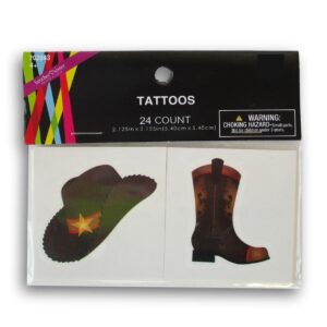 Party Supply Western Cowboy Party Favors - Temporary Tattoos - Hat, Boot, Sheriff Badge, Bucking Bronco - 24 Cute Square Tattoos