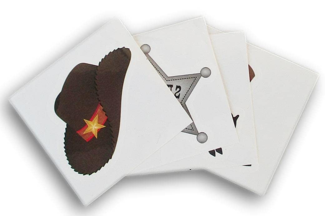 Party Supply Western Cowboy Party Favors - Temporary Tattoos - Hat, Boot, Sheriff Badge, Bucking Bronco - 24 Cute Square Tattoos