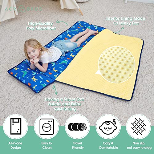 ACRABROS Toddler Nap Mat with Pillow and Blanket, Extra Large Rolled Napping Mats,Slumber Bags for Boys Girls,Kids Sleeping Bag for Daycare, Preschool Travel Camping, Dinosaur