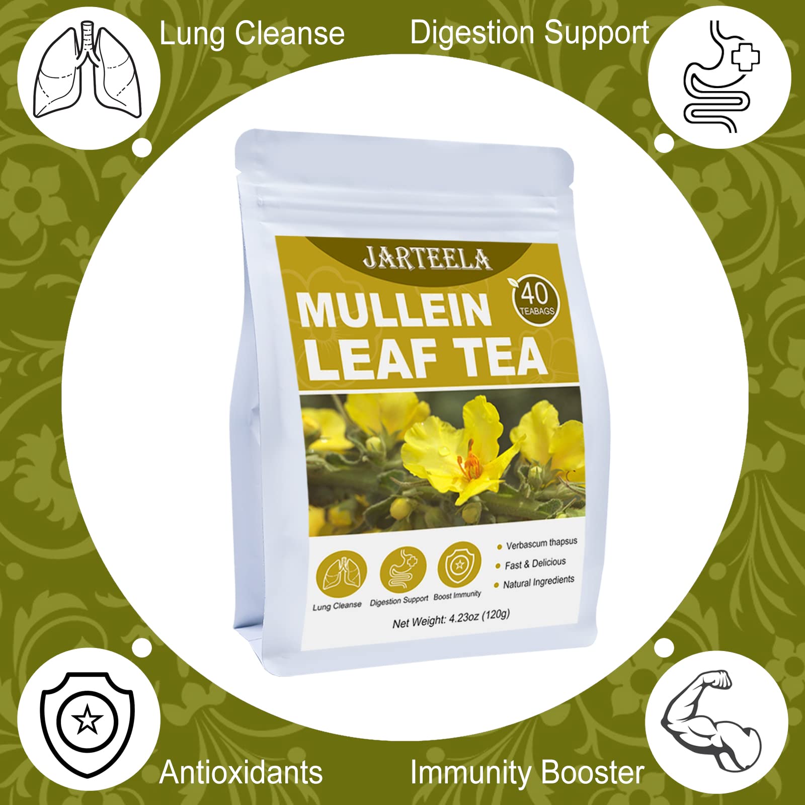 Jarteela - Mullein Leaf Tea Bags - 3g/Bag X 40 - Premium Compressed Dried Mullein Herbs For Easily Extracting & Great Flavor - Non-GMO - Caffeine-free