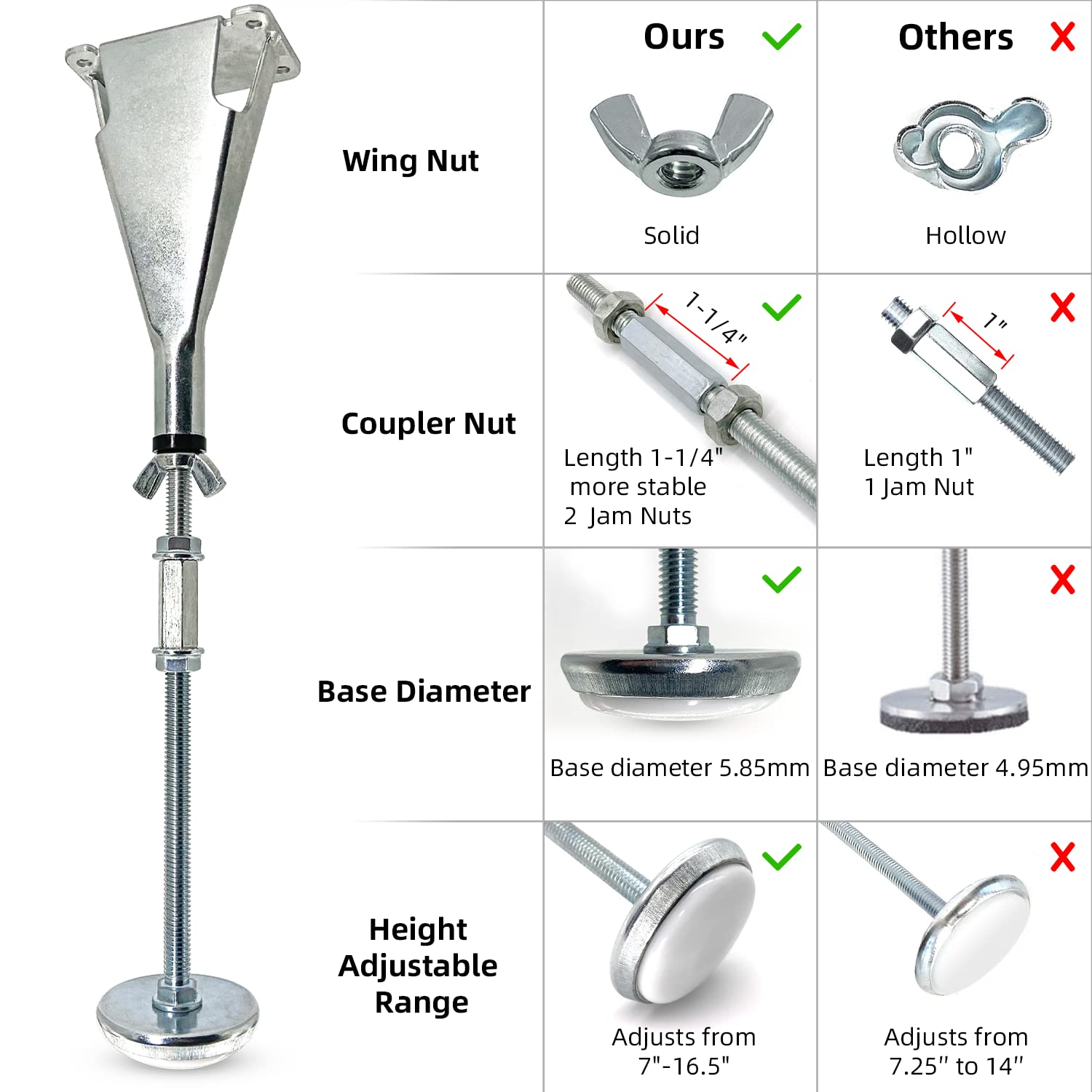 2PCS Adjustable Bed Center Slat Support Leg,Bed Frame Glide Legs,Center Support Leg for Bed Frame(7"-16.5")