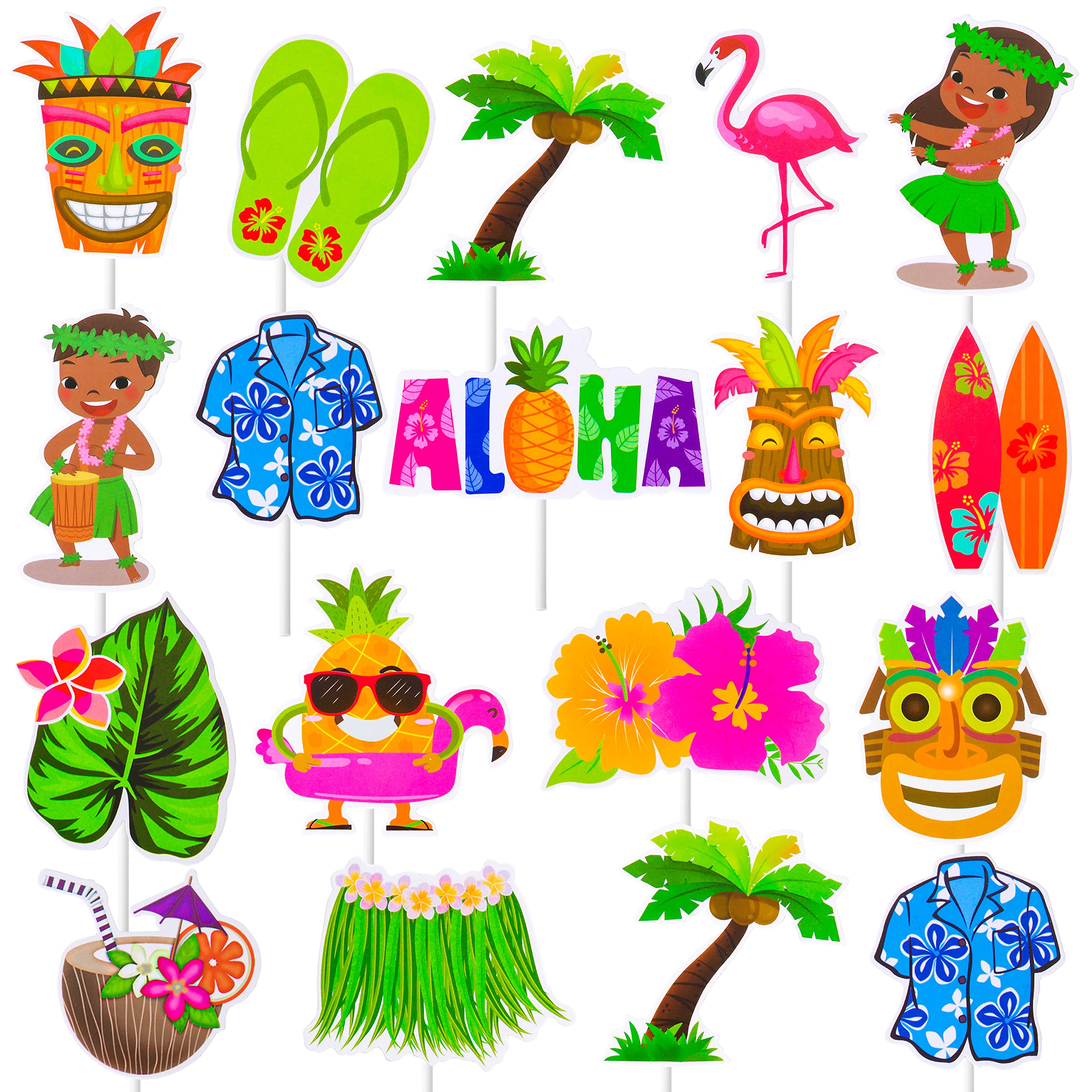 32pcs Hawaii Luau Cupcake Toppers Decoration Hawaiian Tropical Party Cupcake Toppers with Flamingo Pineapple Palm Leaves Tiki for Aloha Summer Party Supplies