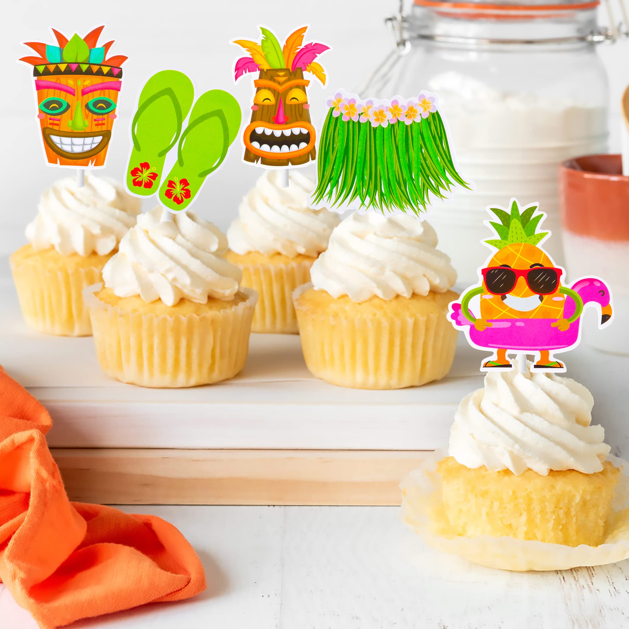 32pcs Hawaii Luau Cupcake Toppers Decoration Hawaiian Tropical Party Cupcake Toppers with Flamingo Pineapple Palm Leaves Tiki for Aloha Summer Party Supplies