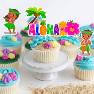 32pcs Hawaii Luau Cupcake Toppers Decoration Hawaiian Tropical Party Cupcake Toppers with Flamingo Pineapple Palm Leaves Tiki for Aloha Summer Party Supplies