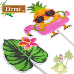 32pcs Hawaii Luau Cupcake Toppers Decoration Hawaiian Tropical Party Cupcake Toppers with Flamingo Pineapple Palm Leaves Tiki for Aloha Summer Party Supplies