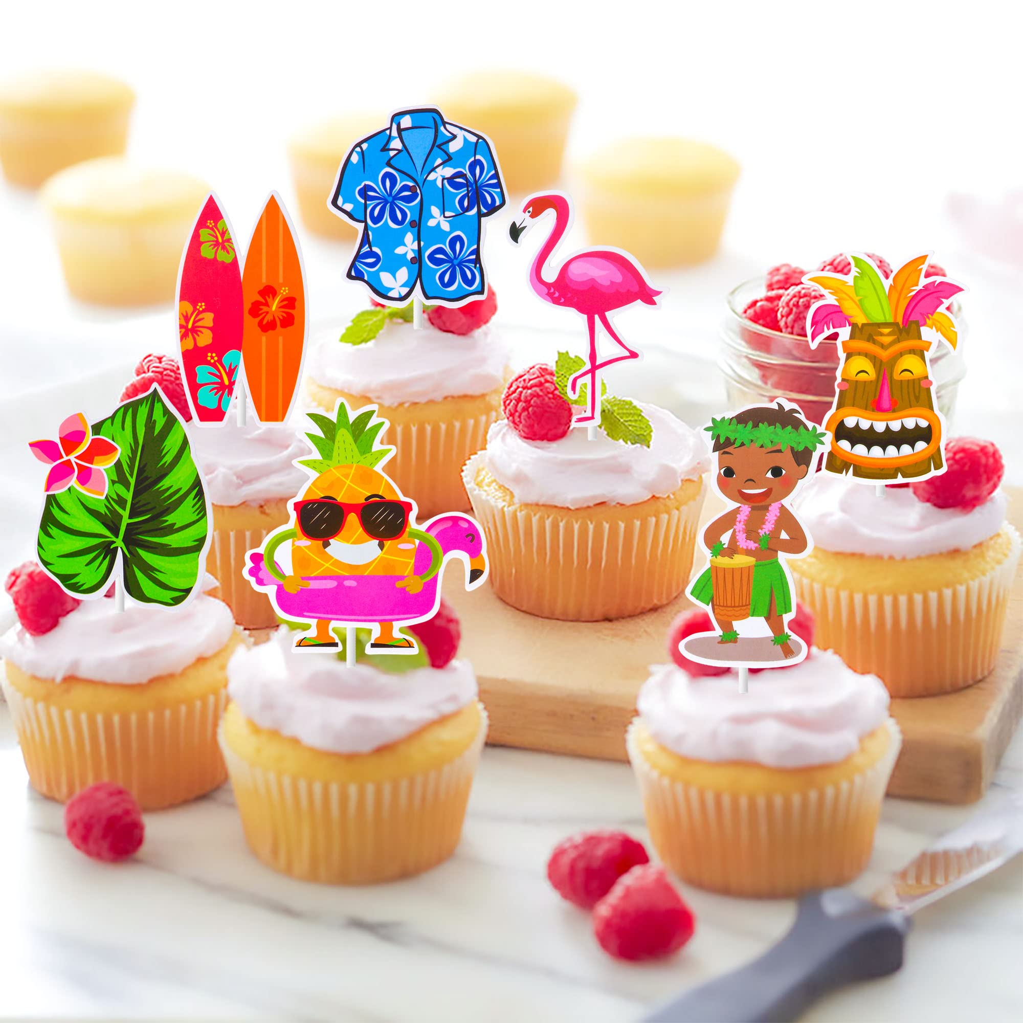 32pcs Hawaii Luau Cupcake Toppers Decoration Hawaiian Tropical Party Cupcake Toppers with Flamingo Pineapple Palm Leaves Tiki for Aloha Summer Party Supplies