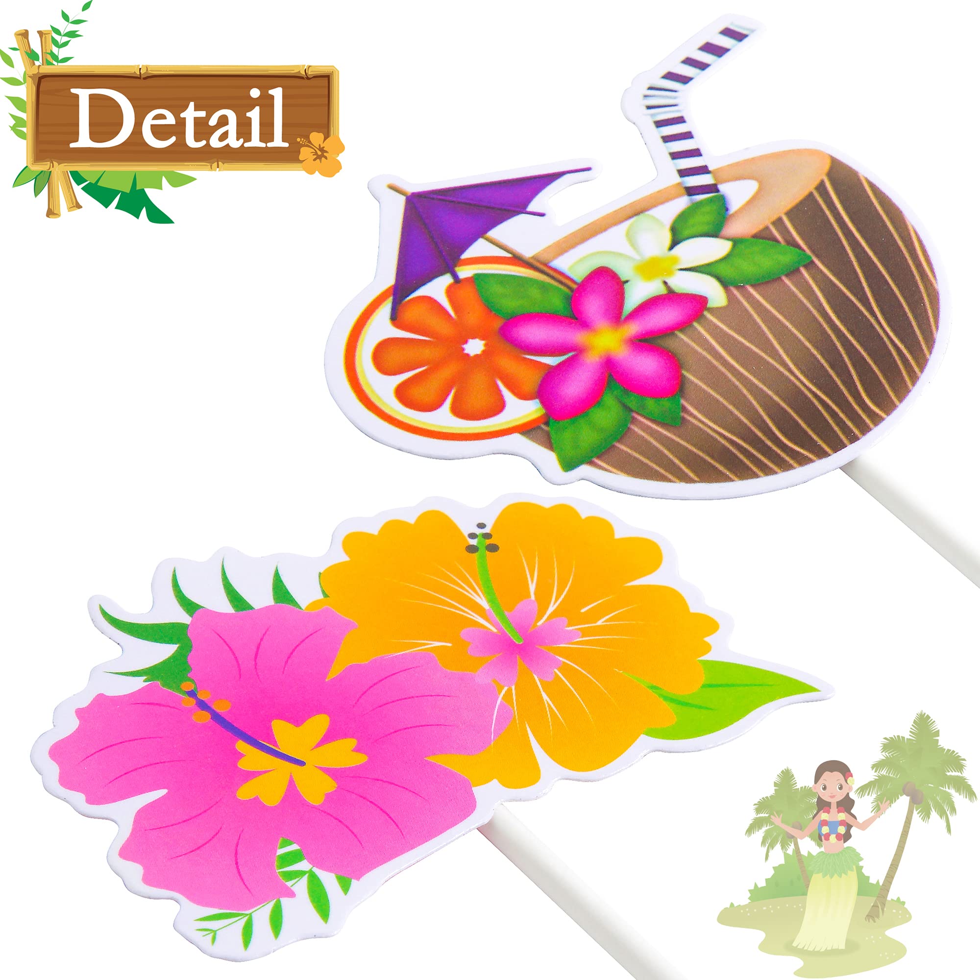 32pcs Hawaii Luau Cupcake Toppers Decoration Hawaiian Tropical Party Cupcake Toppers with Flamingo Pineapple Palm Leaves Tiki for Aloha Summer Party Supplies