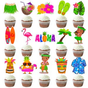 32pcs Hawaii Luau Cupcake Toppers Decoration Hawaiian Tropical Party Cupcake Toppers with Flamingo Pineapple Palm Leaves Tiki for Aloha Summer Party Supplies