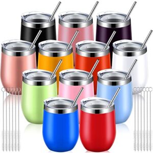 12 pack stainless steel stemless wine tumblers, 12 oz double layer vacuum wine tumbler cups with lids and straws, stemless insulated wine glasses for coffee, wine, cocktails, champaign, 12 colors