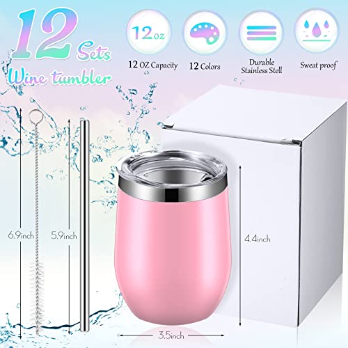 12 Pack Stainless Steel Stemless Wine Tumblers, 12 oz Double Layer Vacuum Wine Tumbler Cups with Lids and Straws, Stemless Insulated Wine Glasses for Coffee, Wine, Cocktails, Champaign, 12 Colors