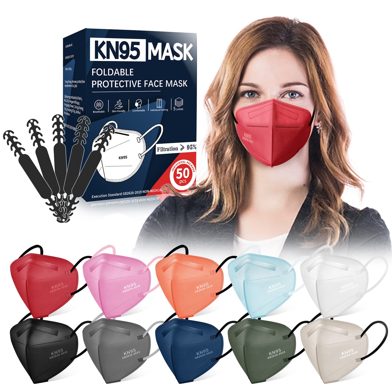 FENFEN KN95 Face Masks Disposable Adults - 50 Pack 5 Layer Protection KN95 Masks Breathable Comfortable Dust Safety Mask Individually Wrapped