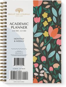 academic planner yearly monthly weekly daily large calendar organizer by bright day spiral bound dated agenda flexible cover notebook, june 2022 - july 2023, 11 x 8.75, black floral