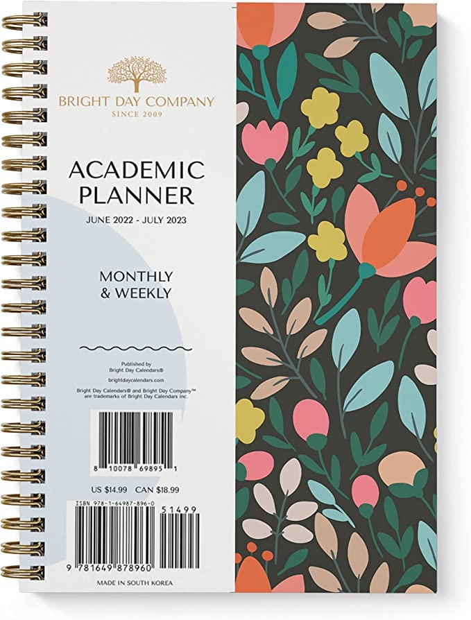 Academic Planner Yearly Monthly Weekly Daily Large Calendar Organizer by Bright Day Spiral Bound Dated Agenda Flexible Cover Notebook, June 2022 - July 2023, 11 x 8.75, Black Floral